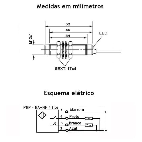 Sensor de Proximidade Indutivo 24V PNP 4mm 1NA 1NF M12 Não Faceado LM12-3004-PC - Cetti ...